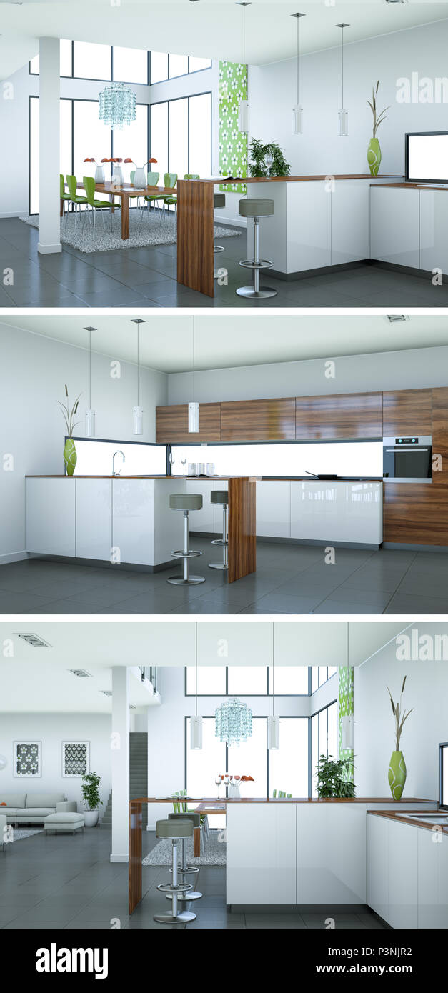 3d Illustration of three views of a modern kitchen with a beautiful ...