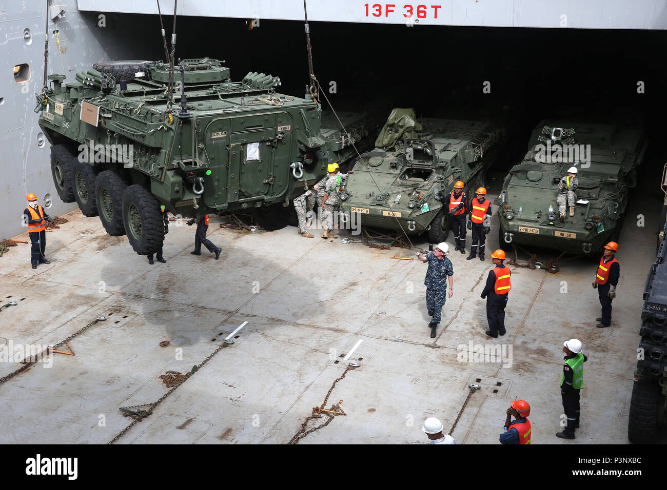 160712-N-IX266-004 SATTAHIP, Thailand—An M1126 Stryker is lowered into ...