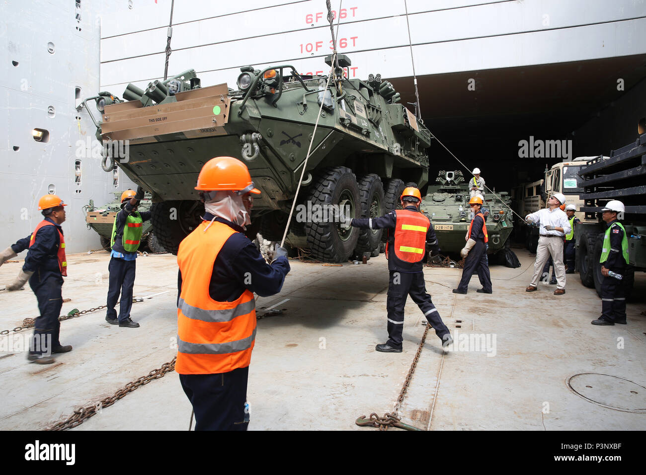 160712-N-IX266-006 SATTAHIP, Thailand—An M1126 Stryker is lowered into ...