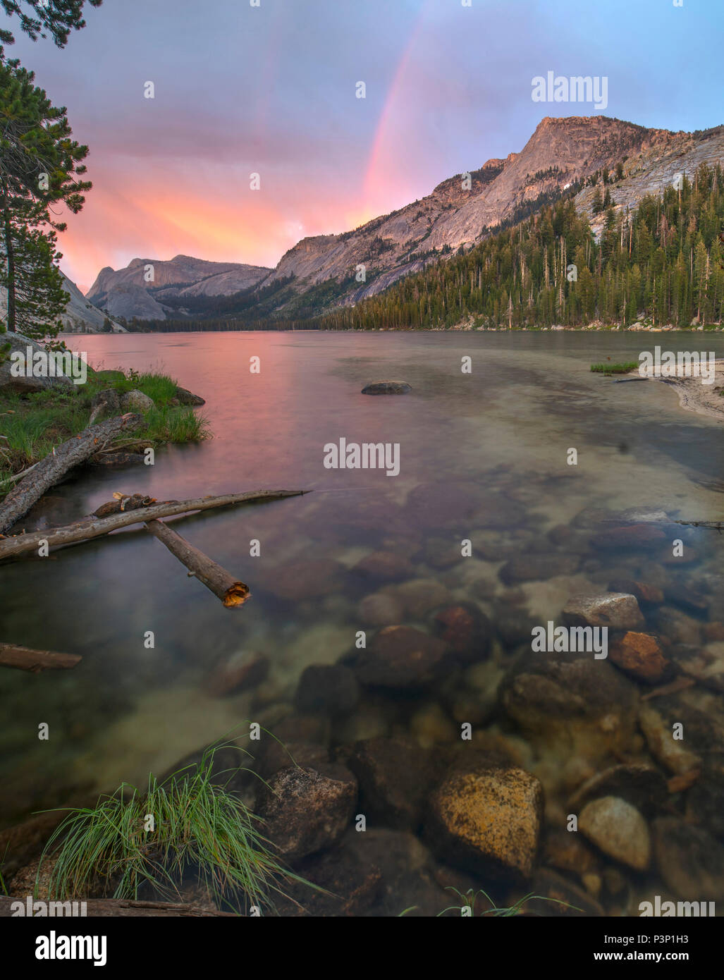 Sunset and rainbow at Lake Tenaya and Sierra Nevada, Yosemite National ...