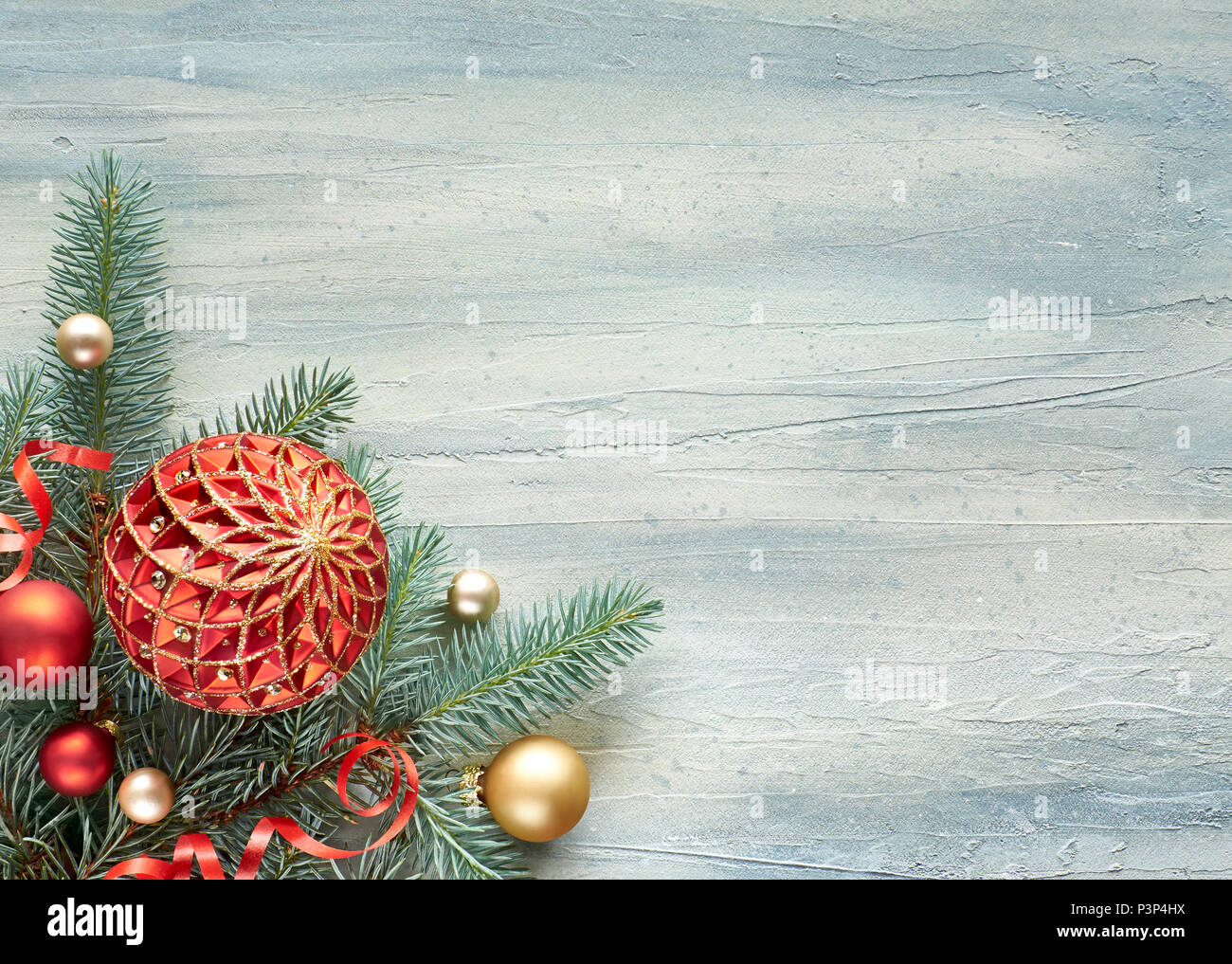 Christmas background: corner decorated with fir twigs and Christmas ...