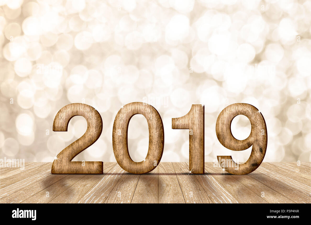 2019 happy year wood number in perspective room with sparkling bokeh ...