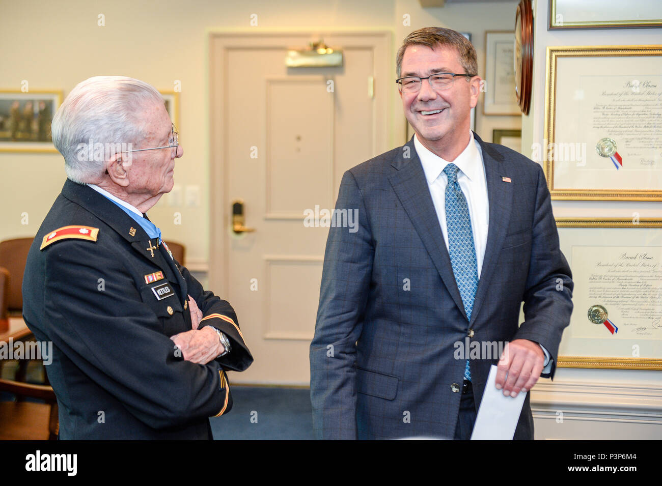 Secretary of Defense Ash Carter meets with Medal of Honor reciepient Lt ...