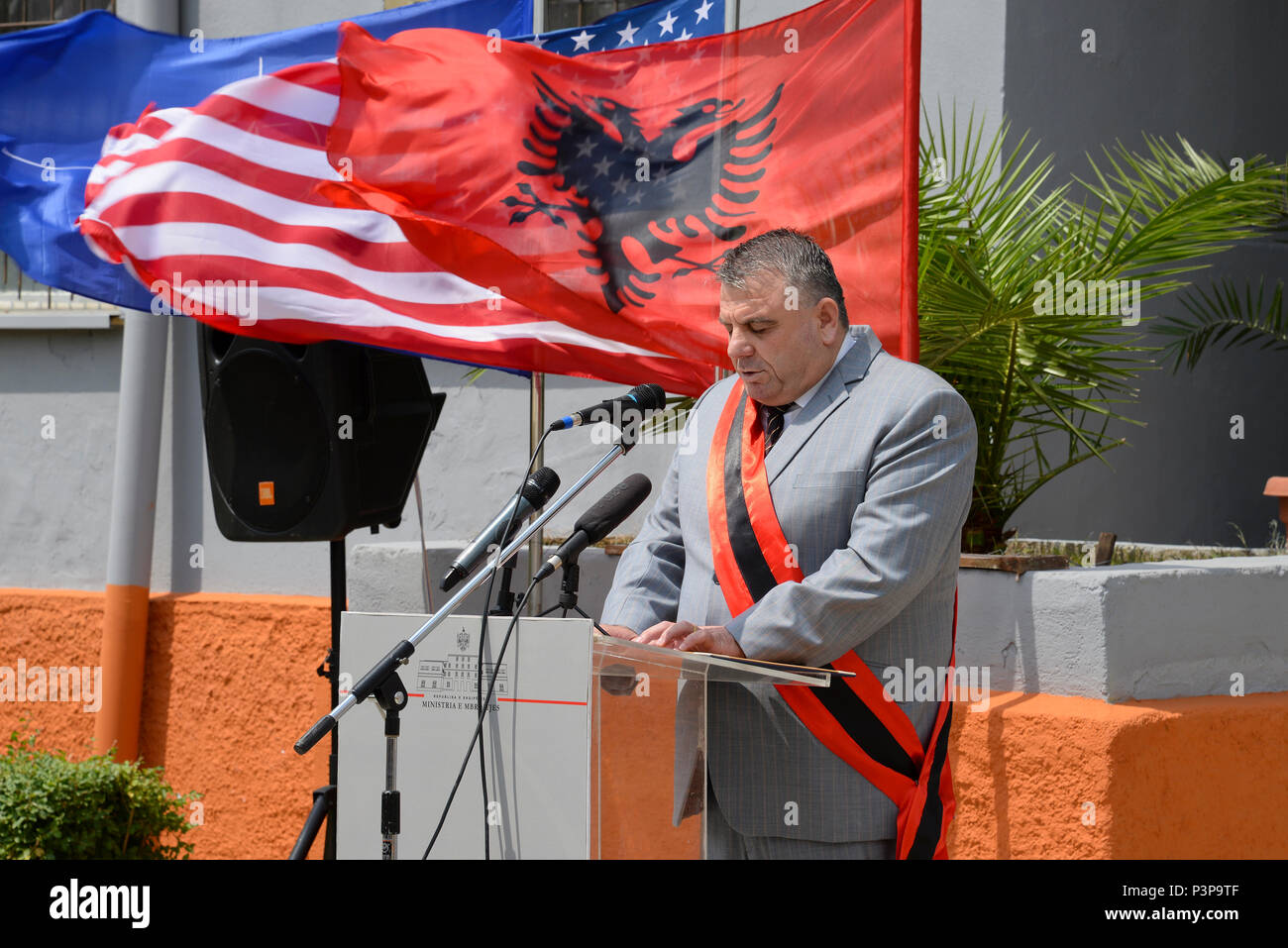 Mayor of Bashkia Vau i Dejës, Zef Hila, gives a speech during an ...
