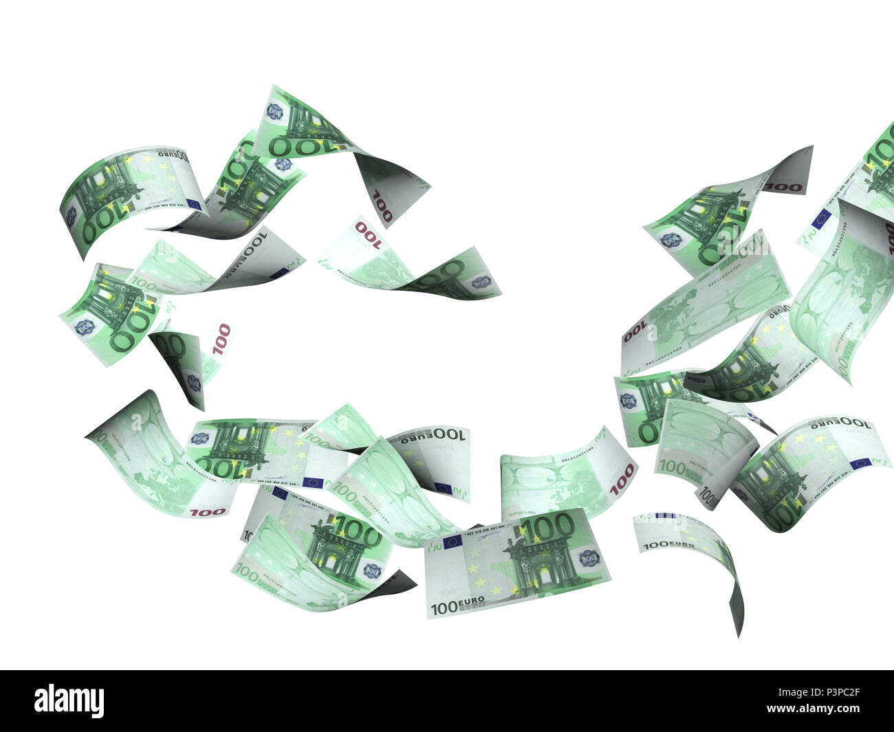 Flying banknotes of hundred euro. Isolated on white background. 3d ...