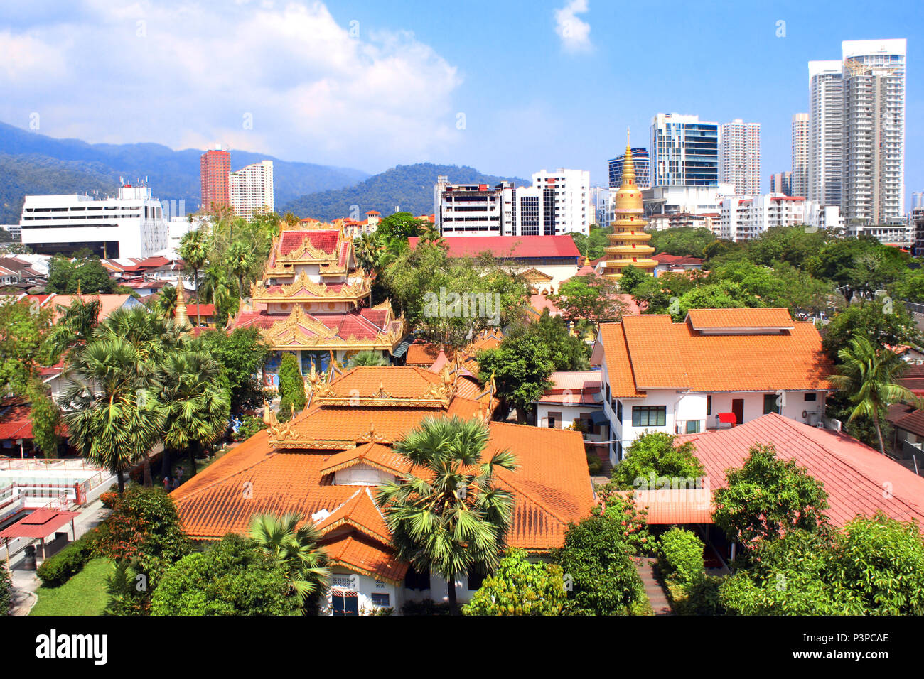 Aerial view on Pulau Tikus, thai Buddhist temple (Wat Chayamangkalaram ...