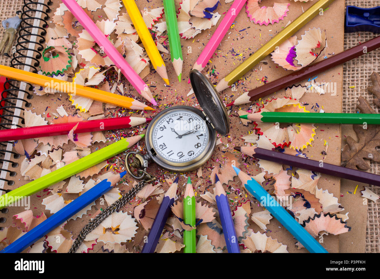 Mechanical pocket watch on pencil and shavings Stock Photo - Alamy