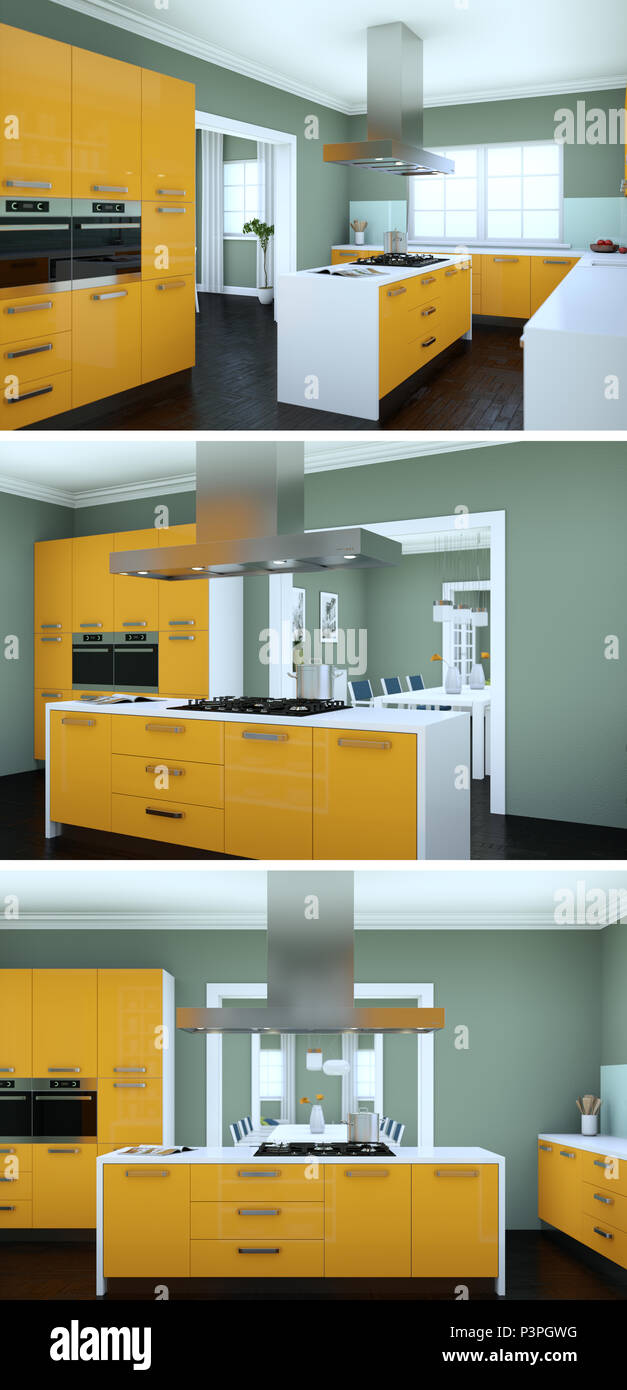 3d Illustration of three views of a modern kitchen with a beautiful ...