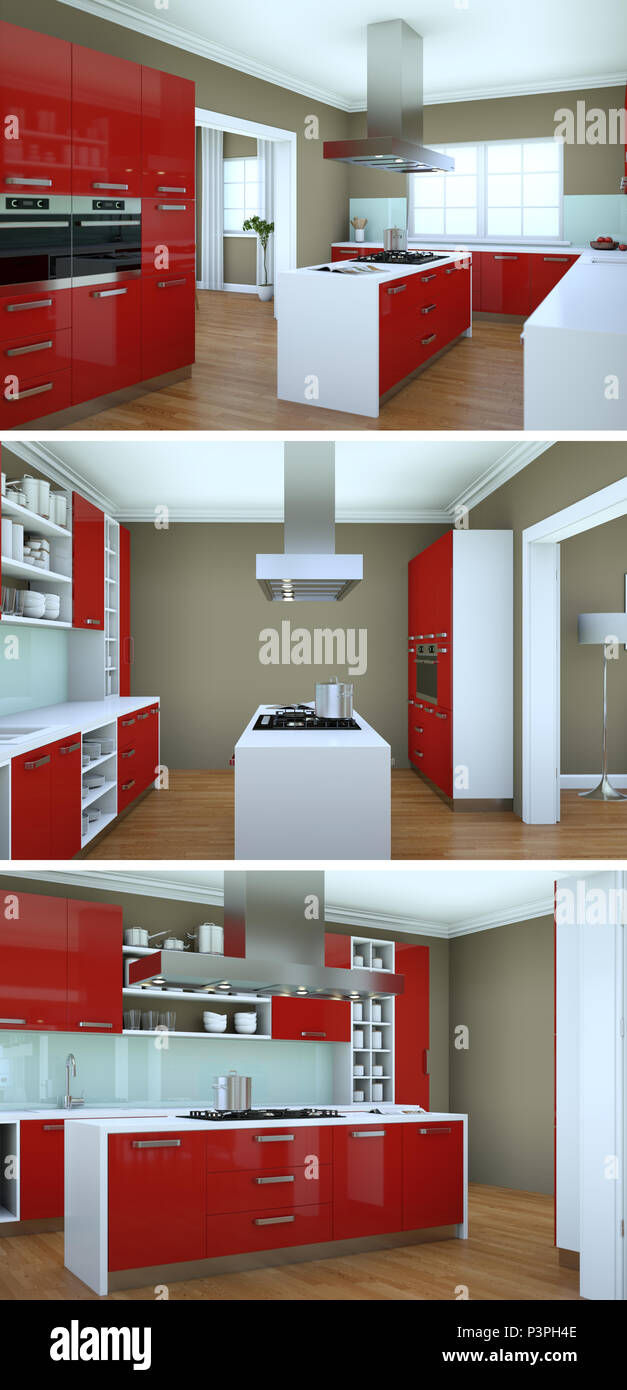 3d Illustration of three views of a modern kitchen with a beautiful ...