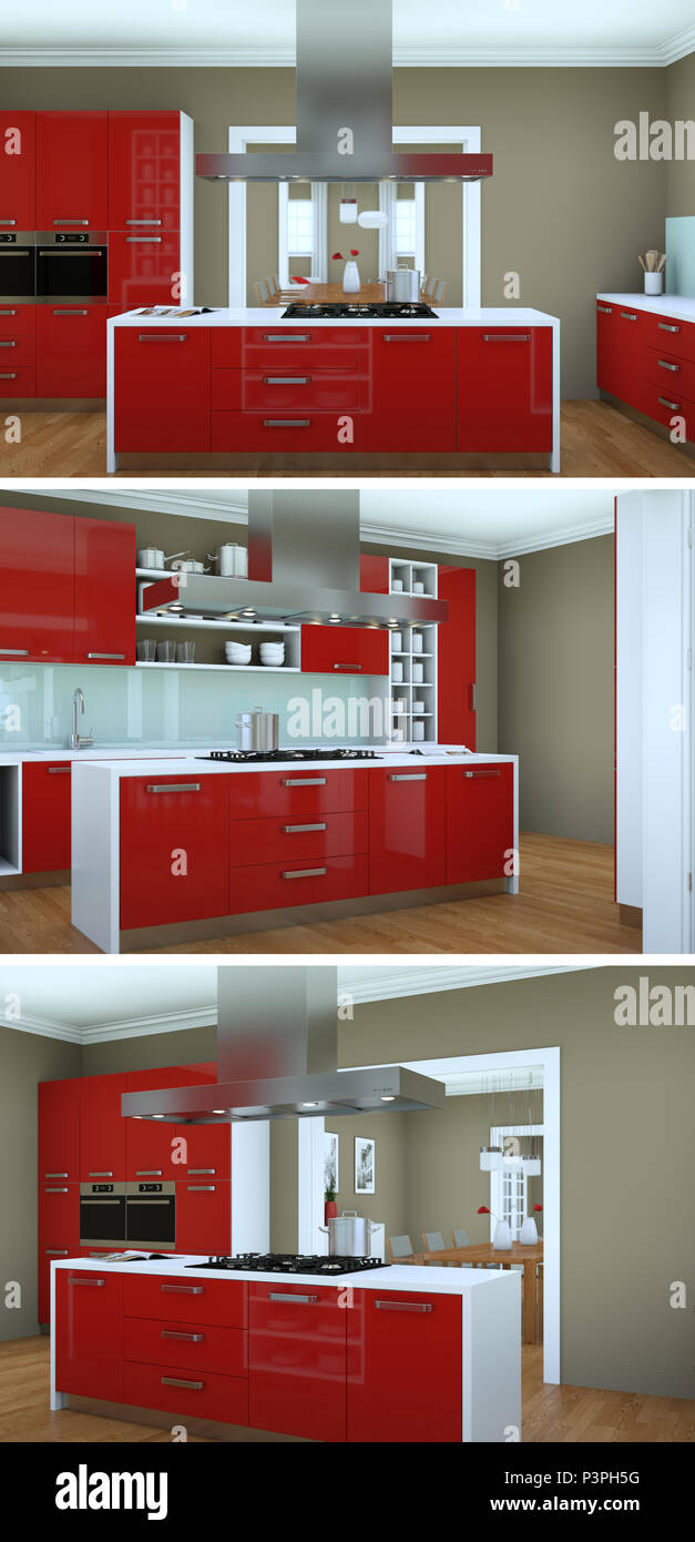 3d Illustration of three views of a modern kitchen with a beautiful ...