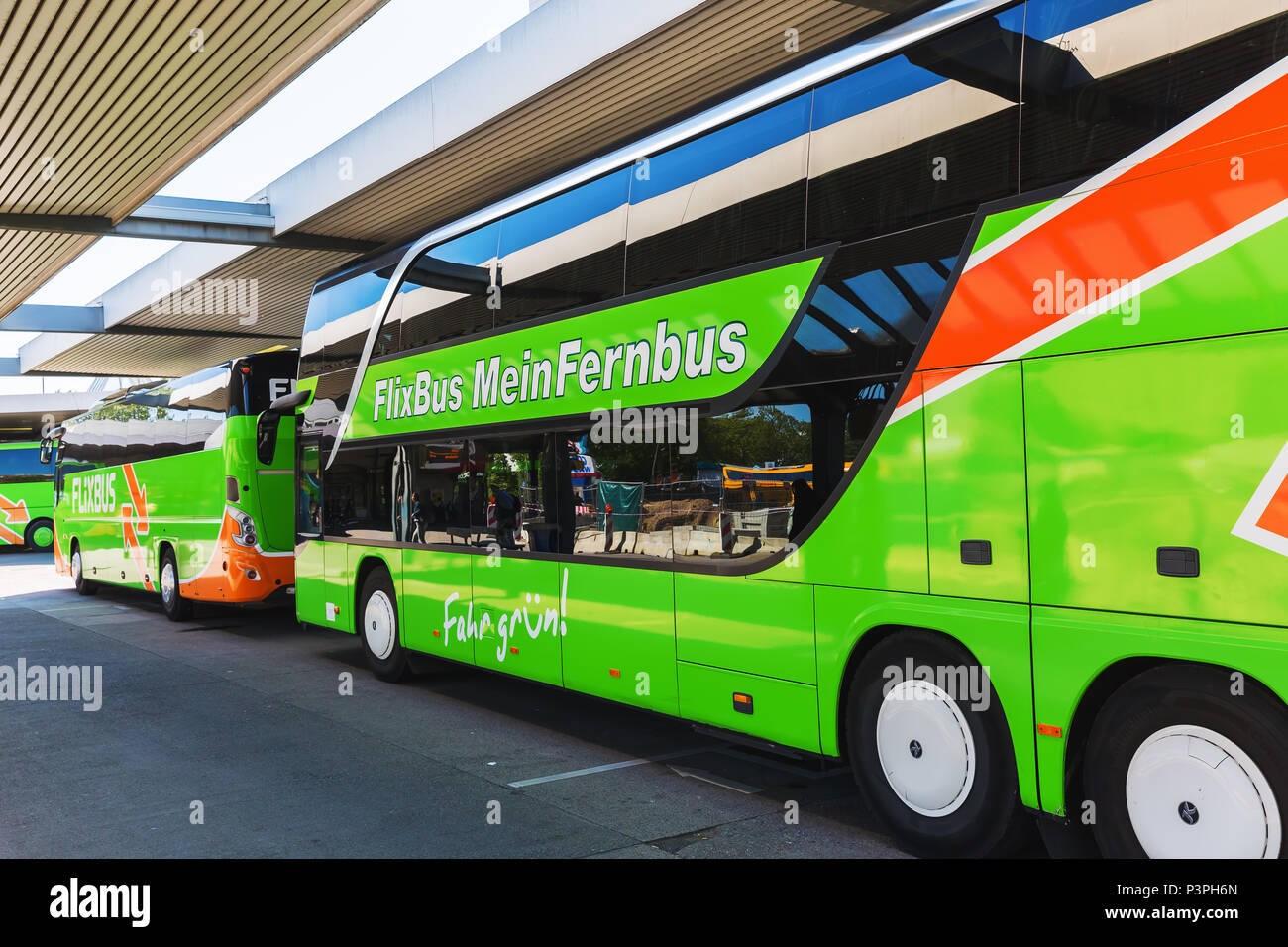 Berlin, Germany â€“ May 08, 2018: busses from Flixbus line at a bus ...