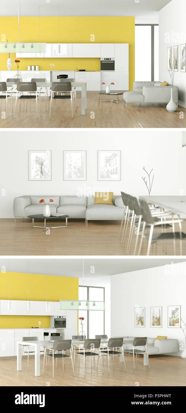 3d Illustration of three views of a modern kitchen with a beautiful ...