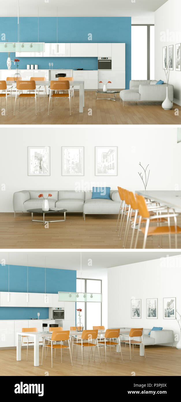 3d Illustration of three views of a modern kitchen with a beautiful ...