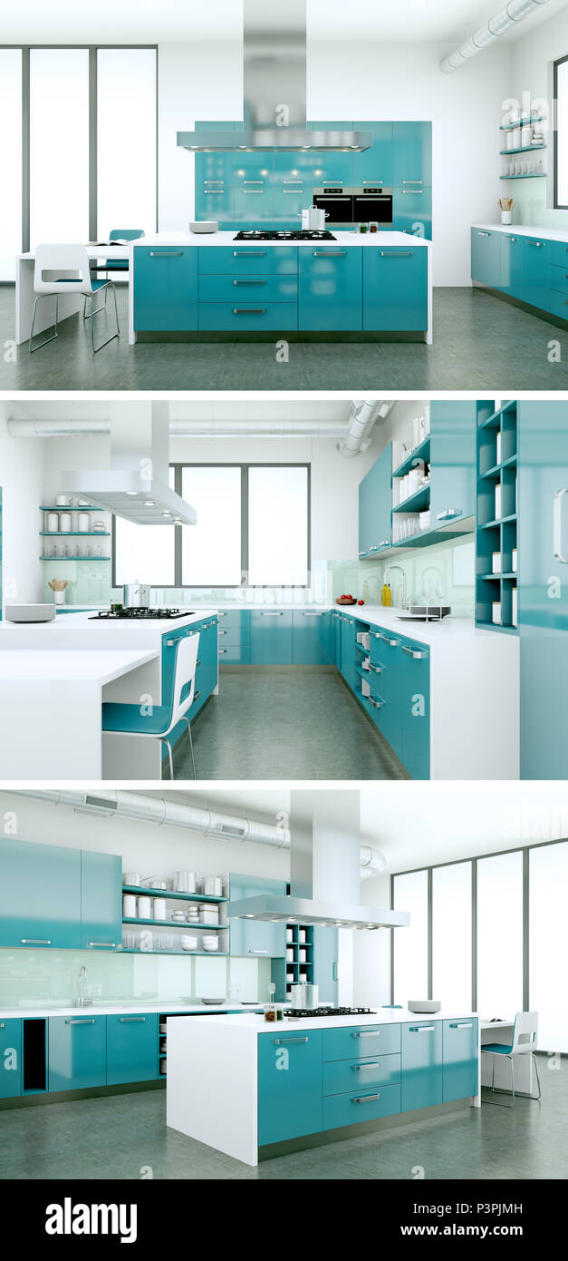 3d Illustration of three views of a modern kitchen with a beautiful ...