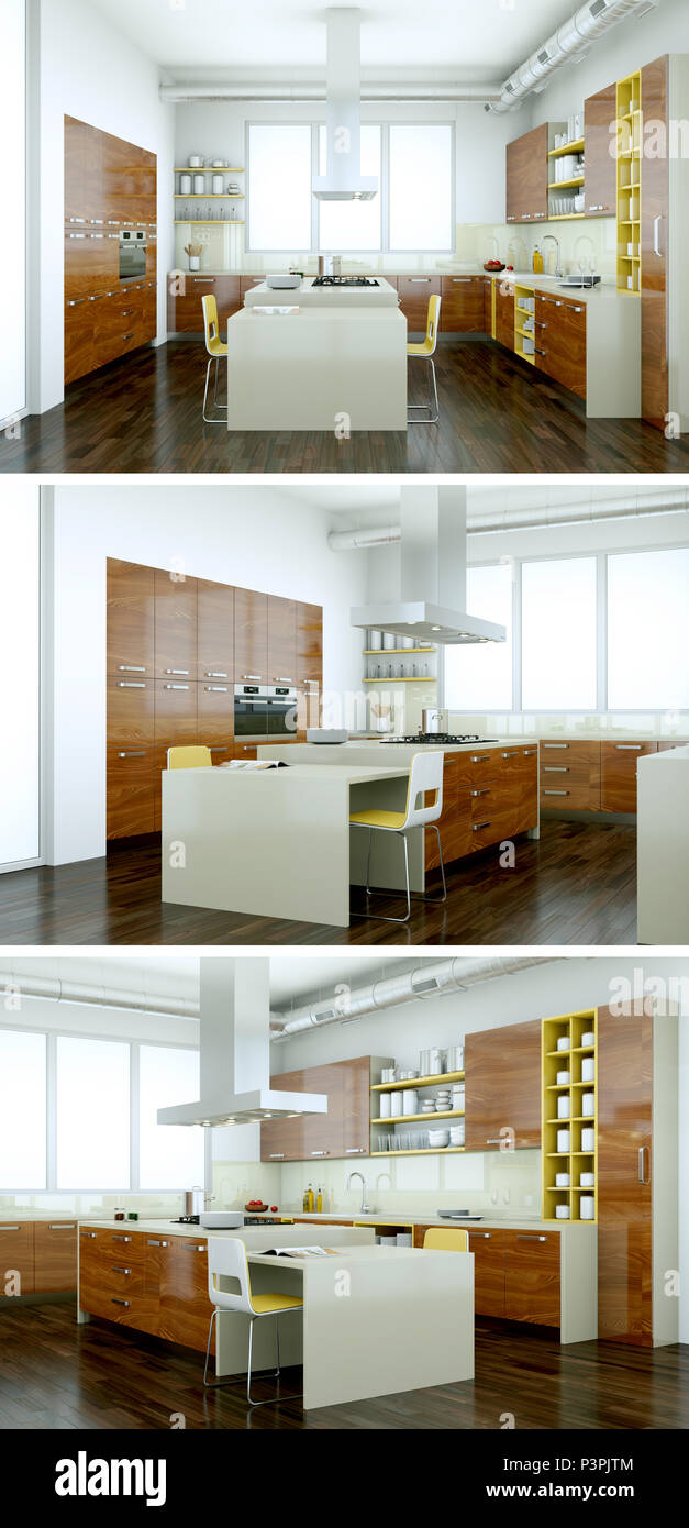 3d Illustration of three views of a modern kitchen with a beautiful ...