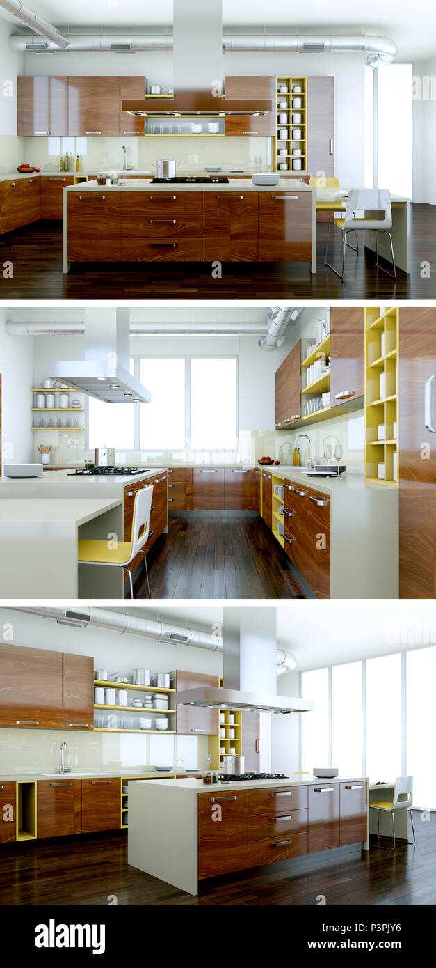 3d Illustration of three views of a modern kitchen with a beautiful ...