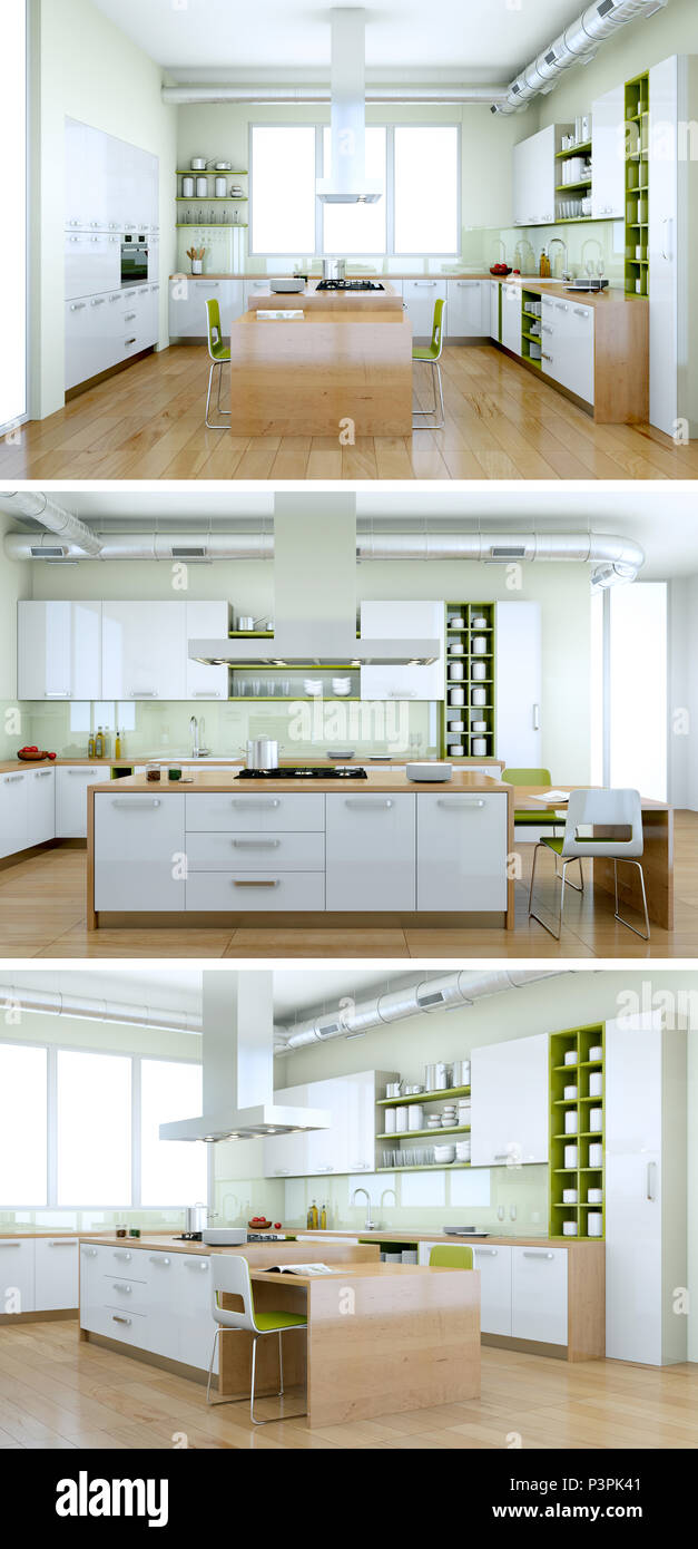 3d Illustration of three views of a modern kitchen with a beautiful ...