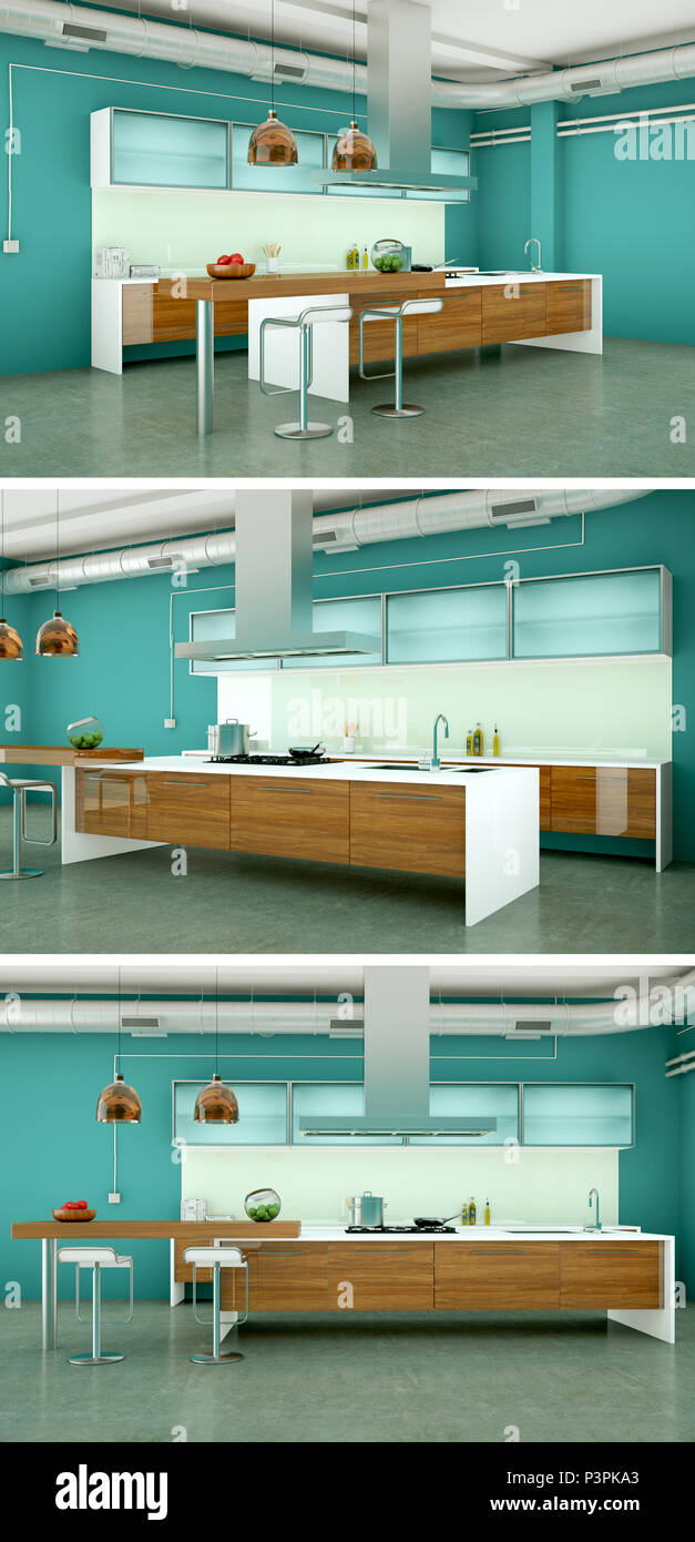 3d Illustration of three views of a modern kitchen with a beautiful ...