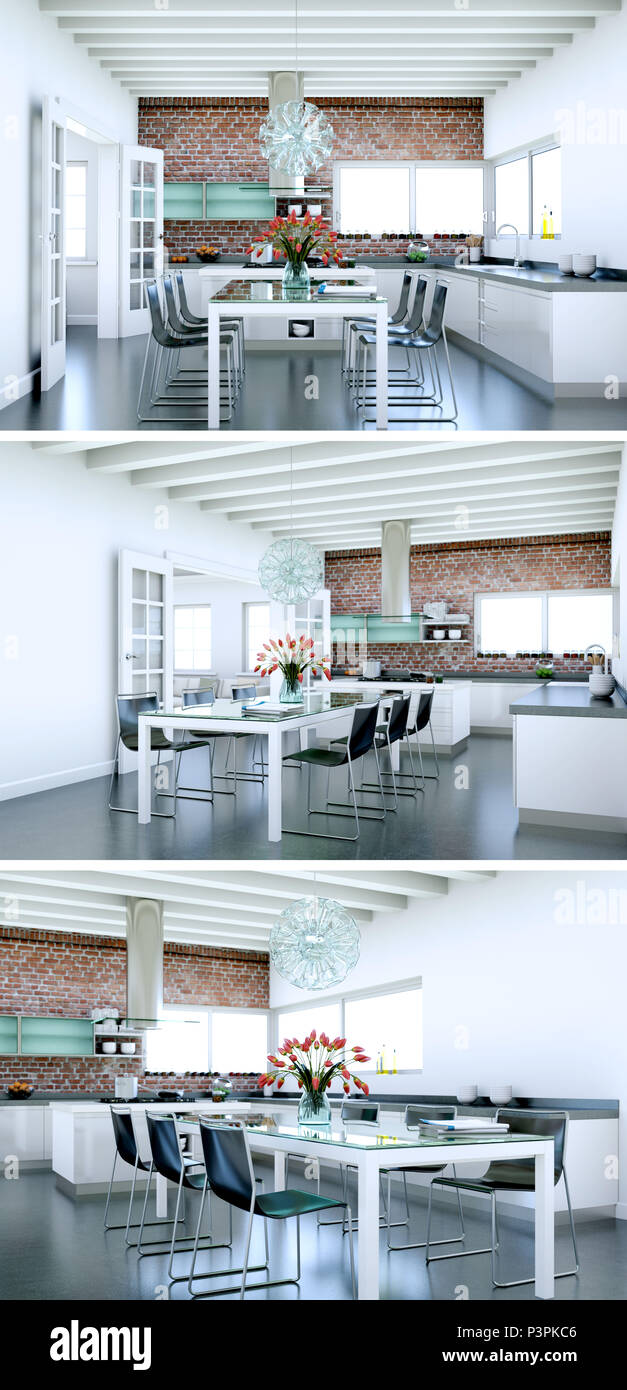 3d Illustration of three views of a modern kitchen with a beautiful ...