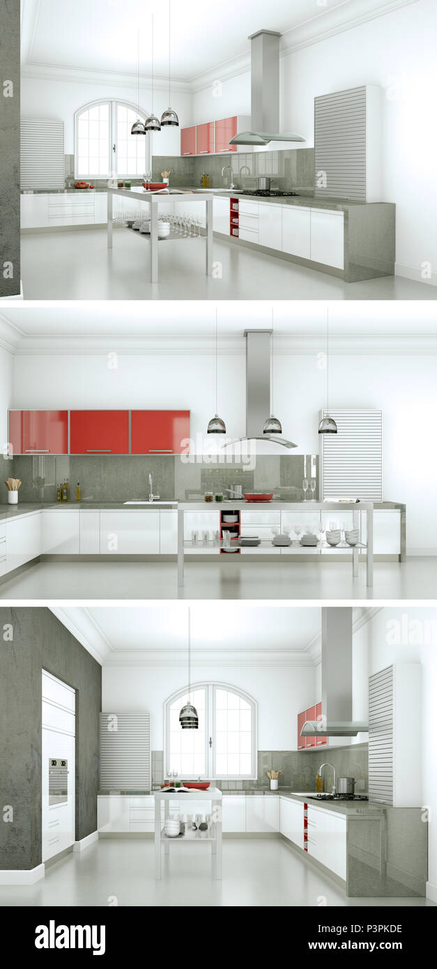 3d Illustration of three views of a modern kitchen with a beautiful ...