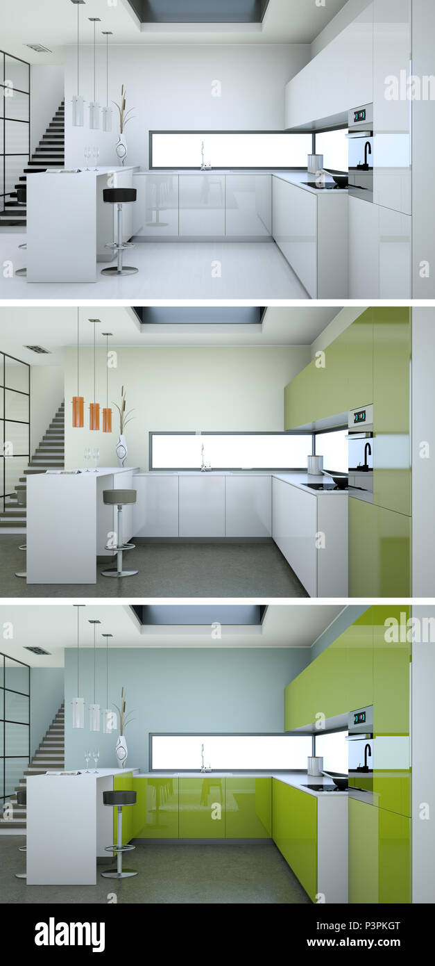 3d Illustration of three color variations of a modern kitchen with a ...