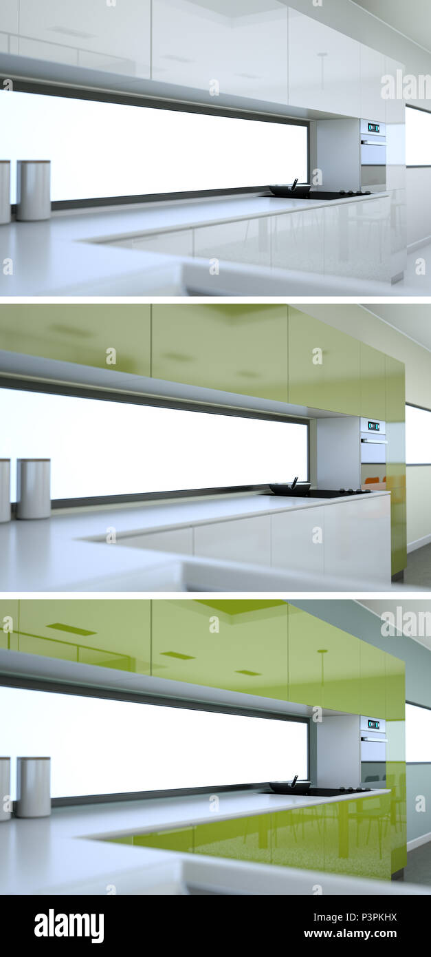 3d Illustration of three color variations of a modern kitchen with a ...