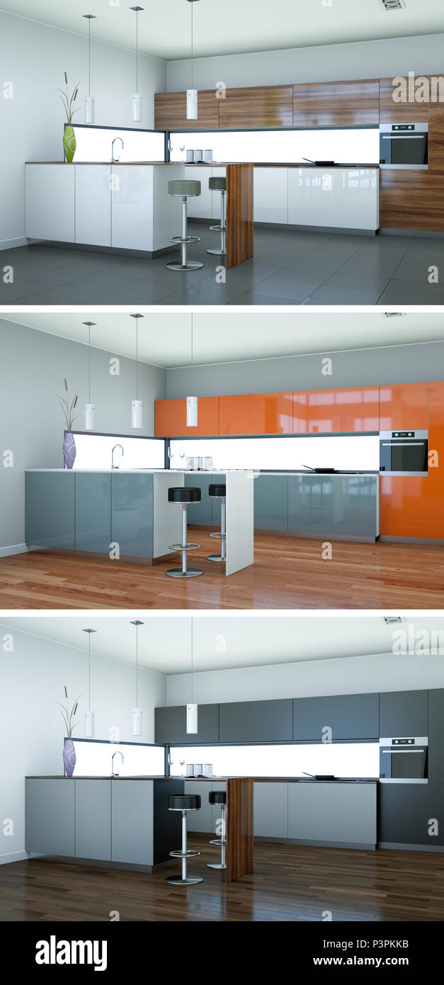 3d Illustration of three color variations of a modern kitchen with a ...