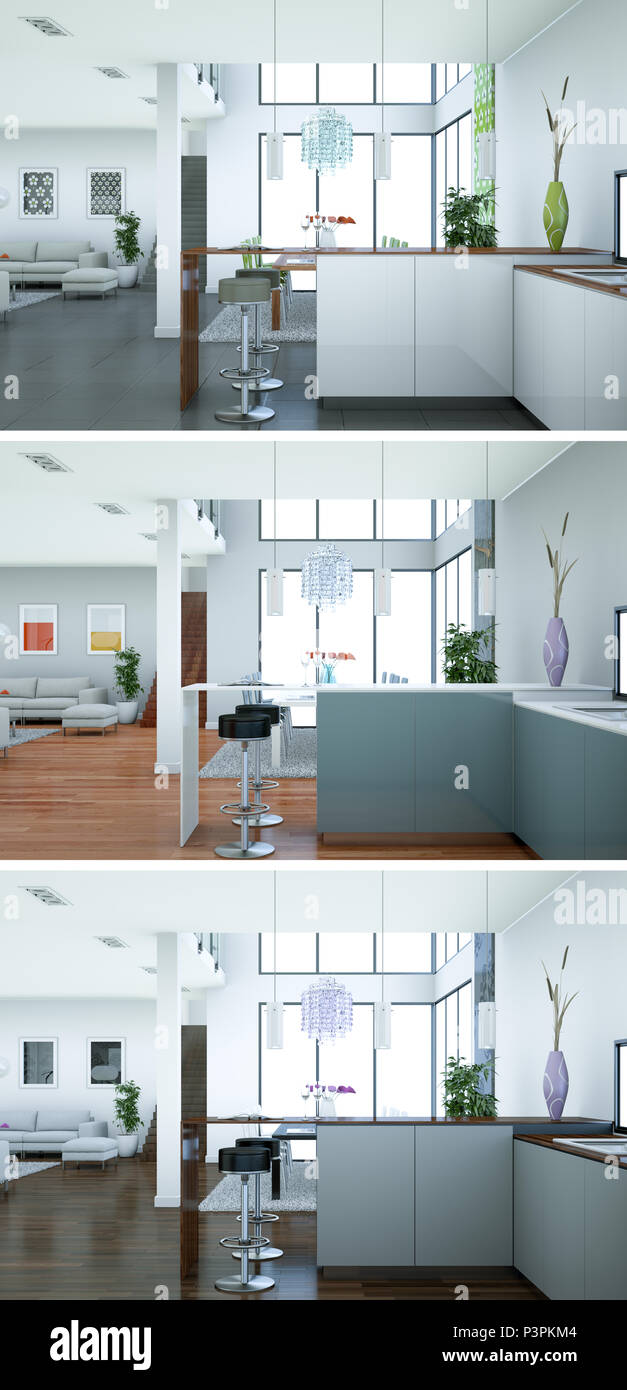 3d Illustration of three color variations of a modern kitchen with a ...