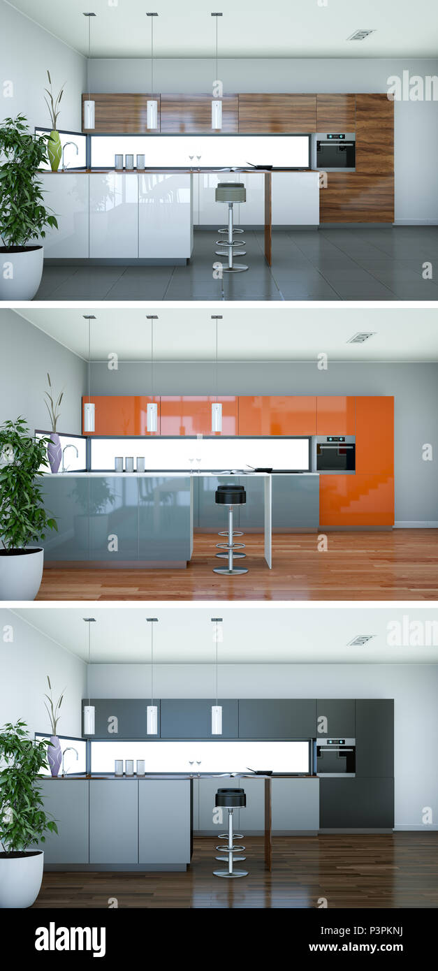 3d Illustration of three color variations of a modern kitchen with a ...