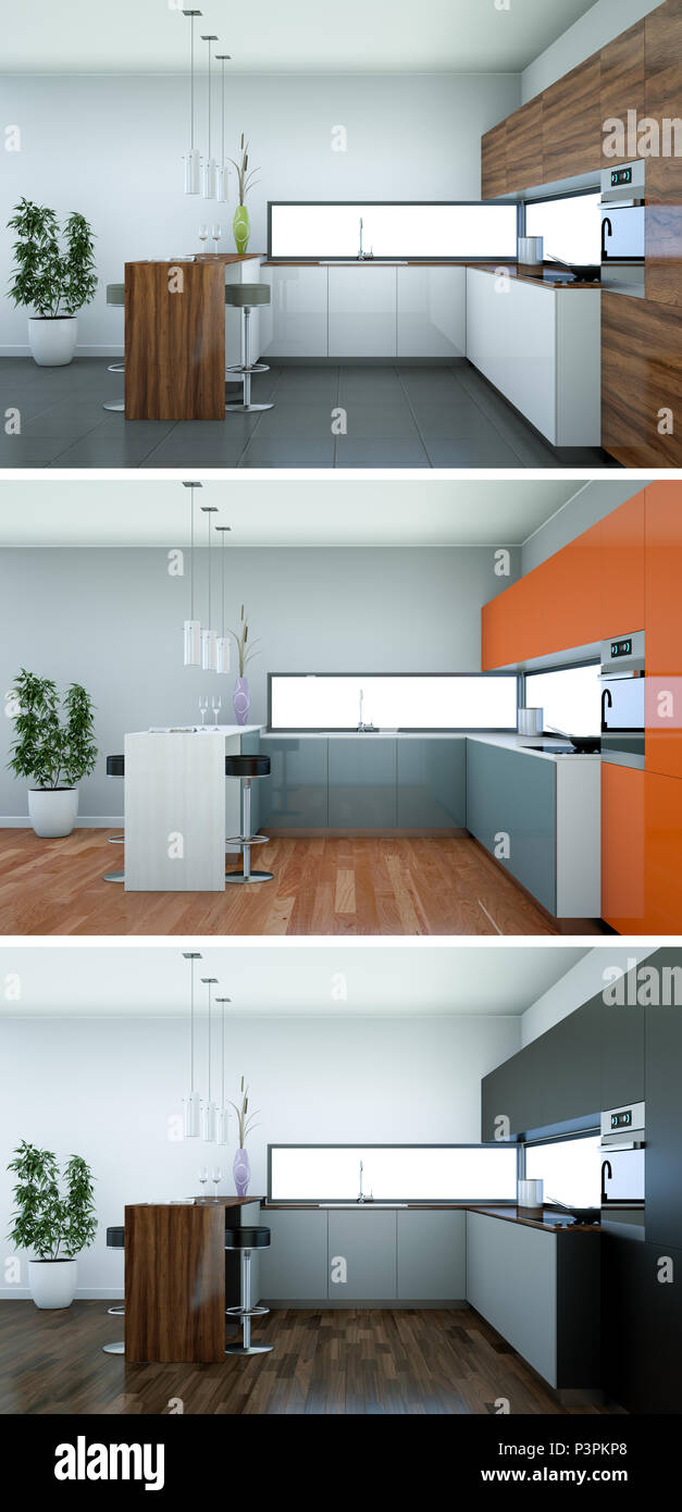 3d Illustration of three color variations of a modern kitchen with a ...