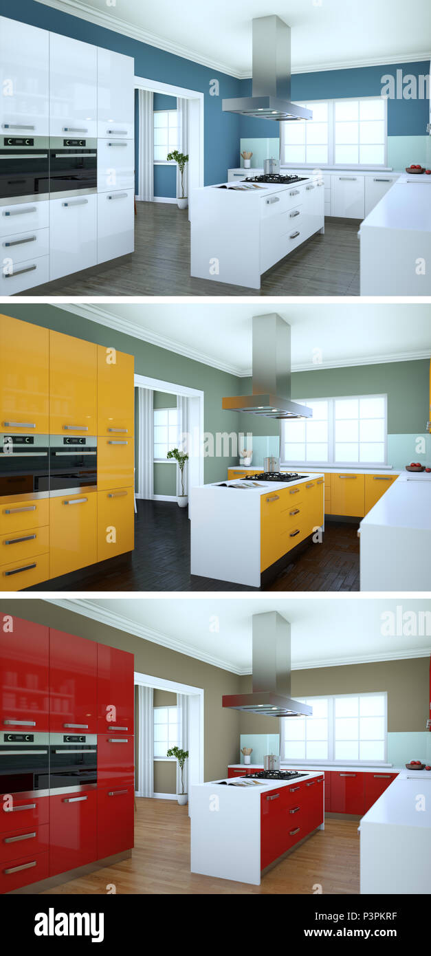 3d Illustration of three color variations of a modern kitchen with a ...
