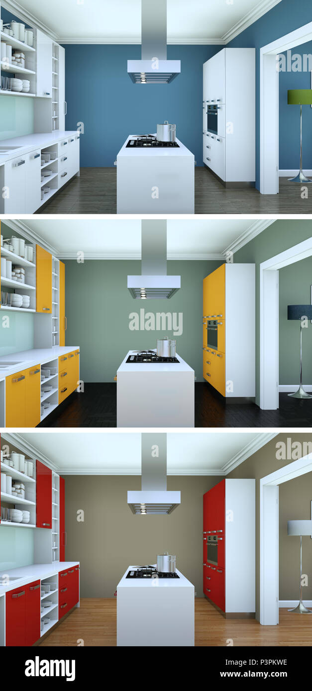 3d Illustration of three color variations of a modern kitchen with a ...