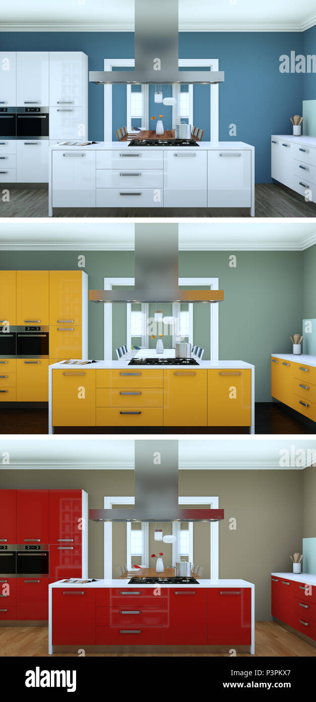 3d Illustration of three color variations of a modern kitchen with a ...