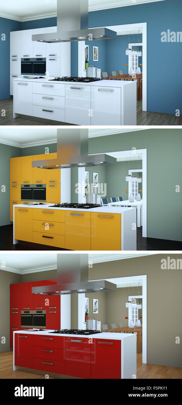 3d Illustration of three color variations of a modern kitchen with a ...
