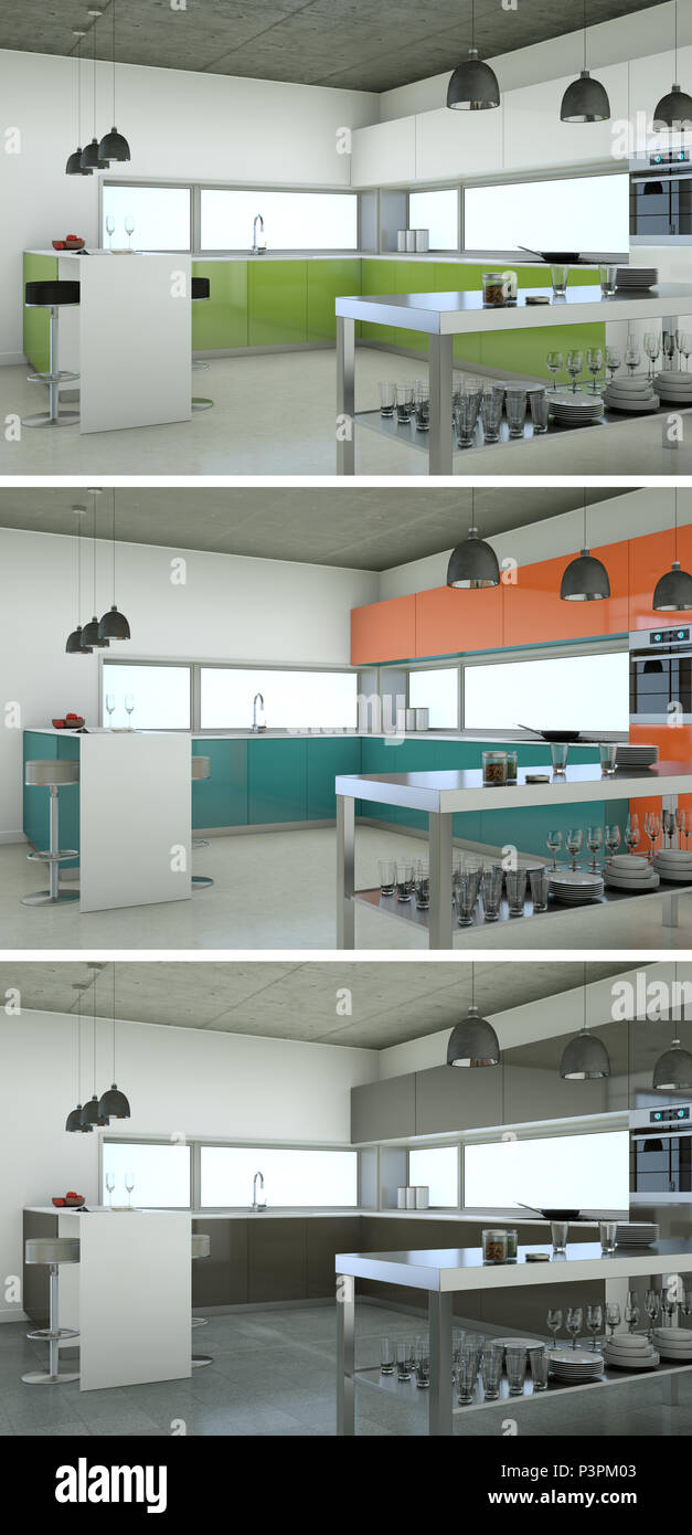 3d Illustration of three color variations of a modern kitchen with a ...