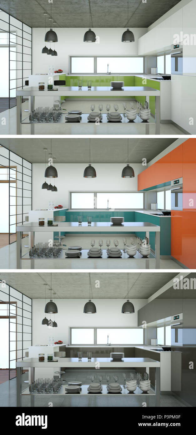 3d Illustration of three color variations of a modern kitchen with a ...