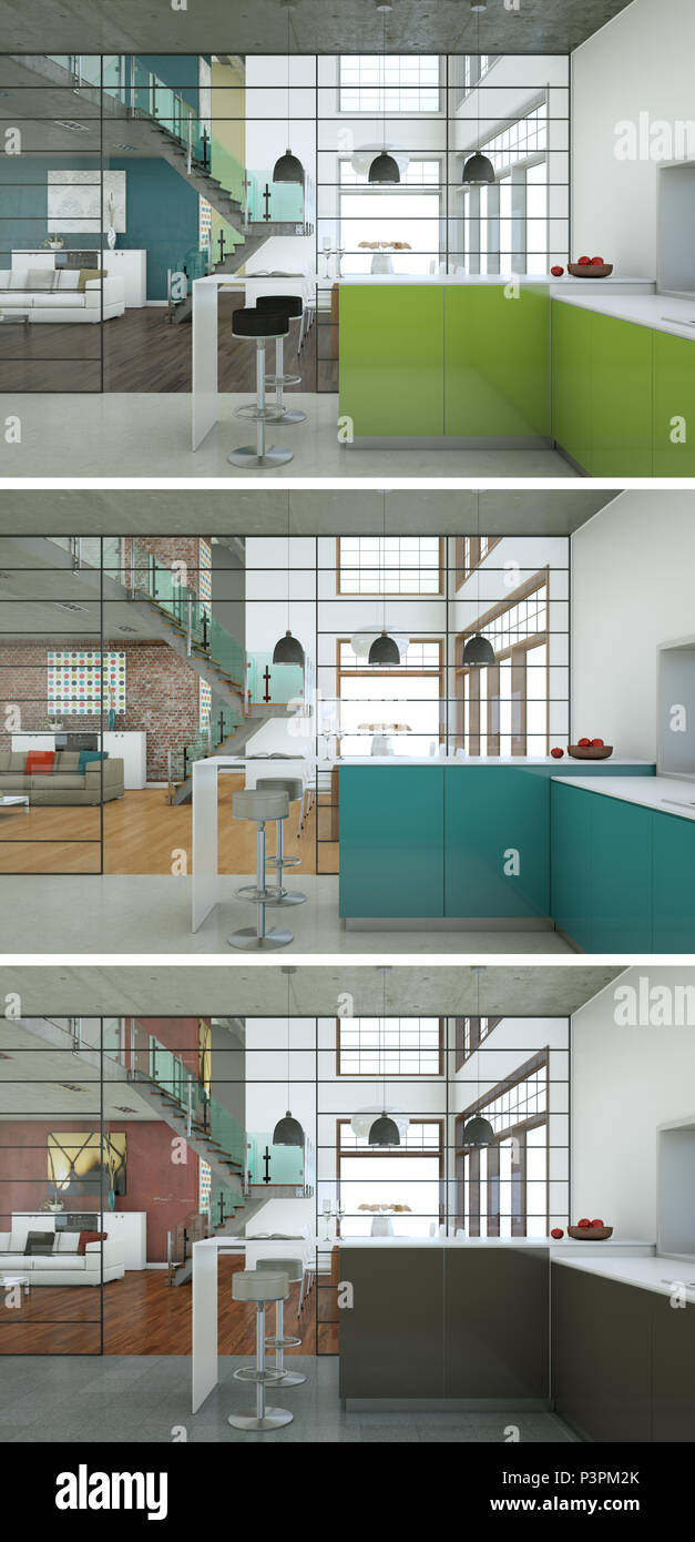 3d Illustration of three color variations of a modern kitchen with a ...