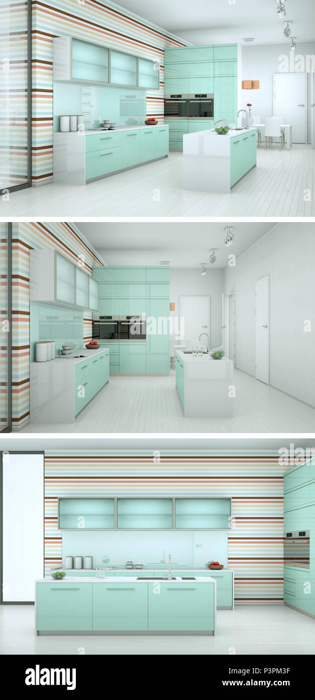 3d Illustration of three views of a modern kitchen with a beautiful ...