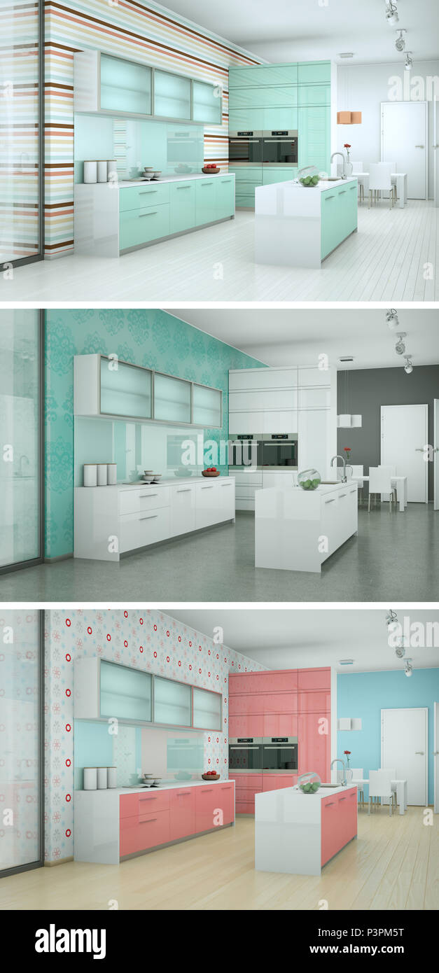 3d Illustration of three color variations of a modern kitchen with a ...