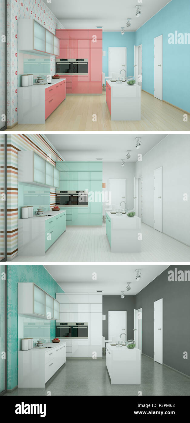 3d Illustration of three color variations of a modern kitchen with a ...