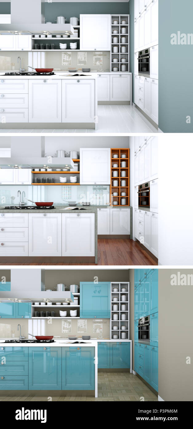 3d Illustration of three color variations of a modern kitchen with a ...