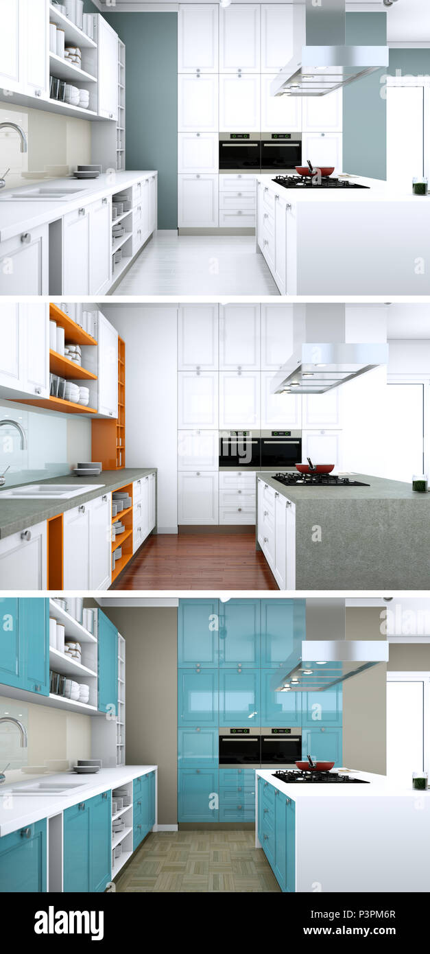 3d Illustration of three color variations of a modern kitchen with a ...