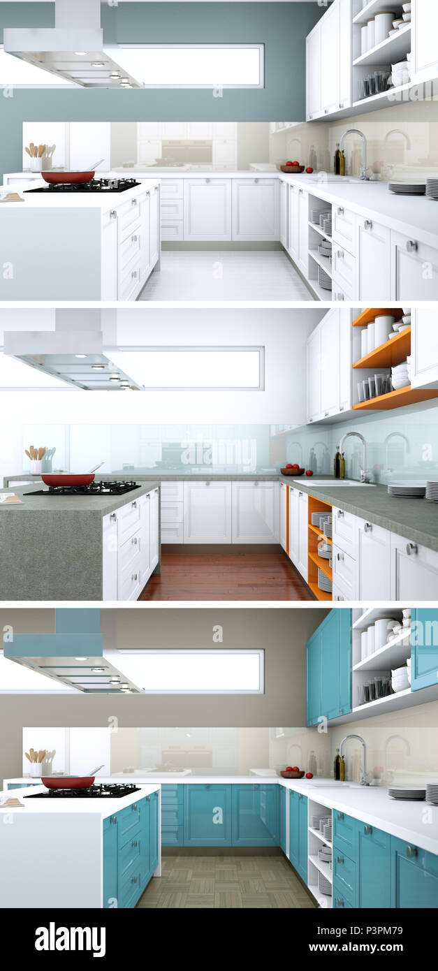 3d Illustration of three color variations of a modern kitchen with a ...