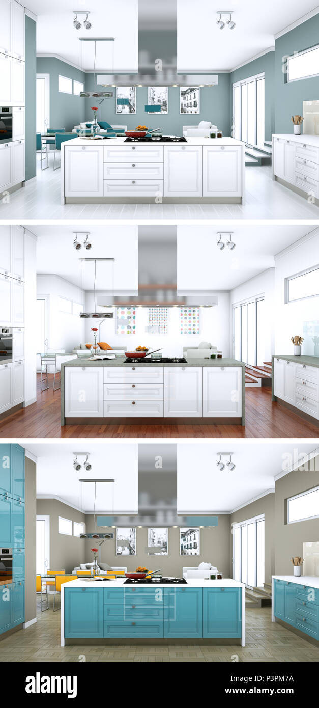 3d Illustration of three color variations of a modern kitchen with a ...