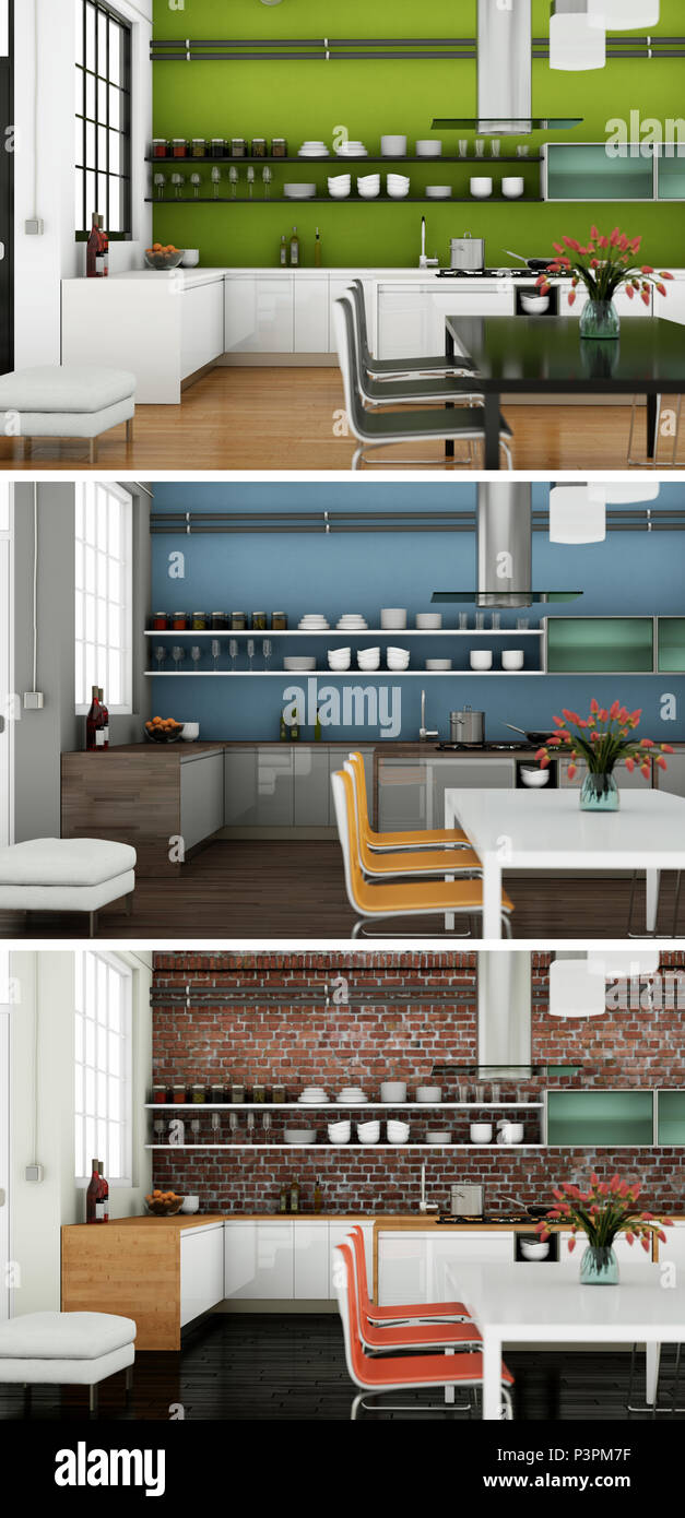 3d Illustration of three color variations of a modern kitchen with a ...