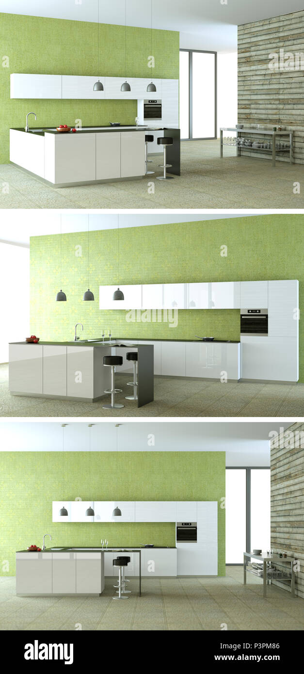 3d Illustration of three views of a modern kitchen with a beautiful ...