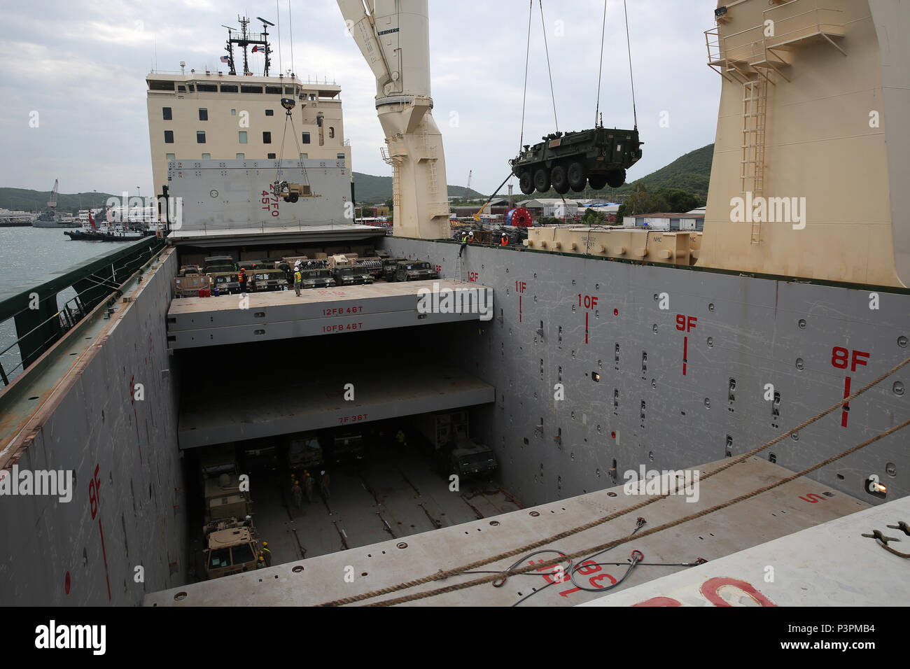160712-N-IX266-001 SATTAHIP, Thailand—An M1126 Stryker is lowered into general purpose, heavy ...