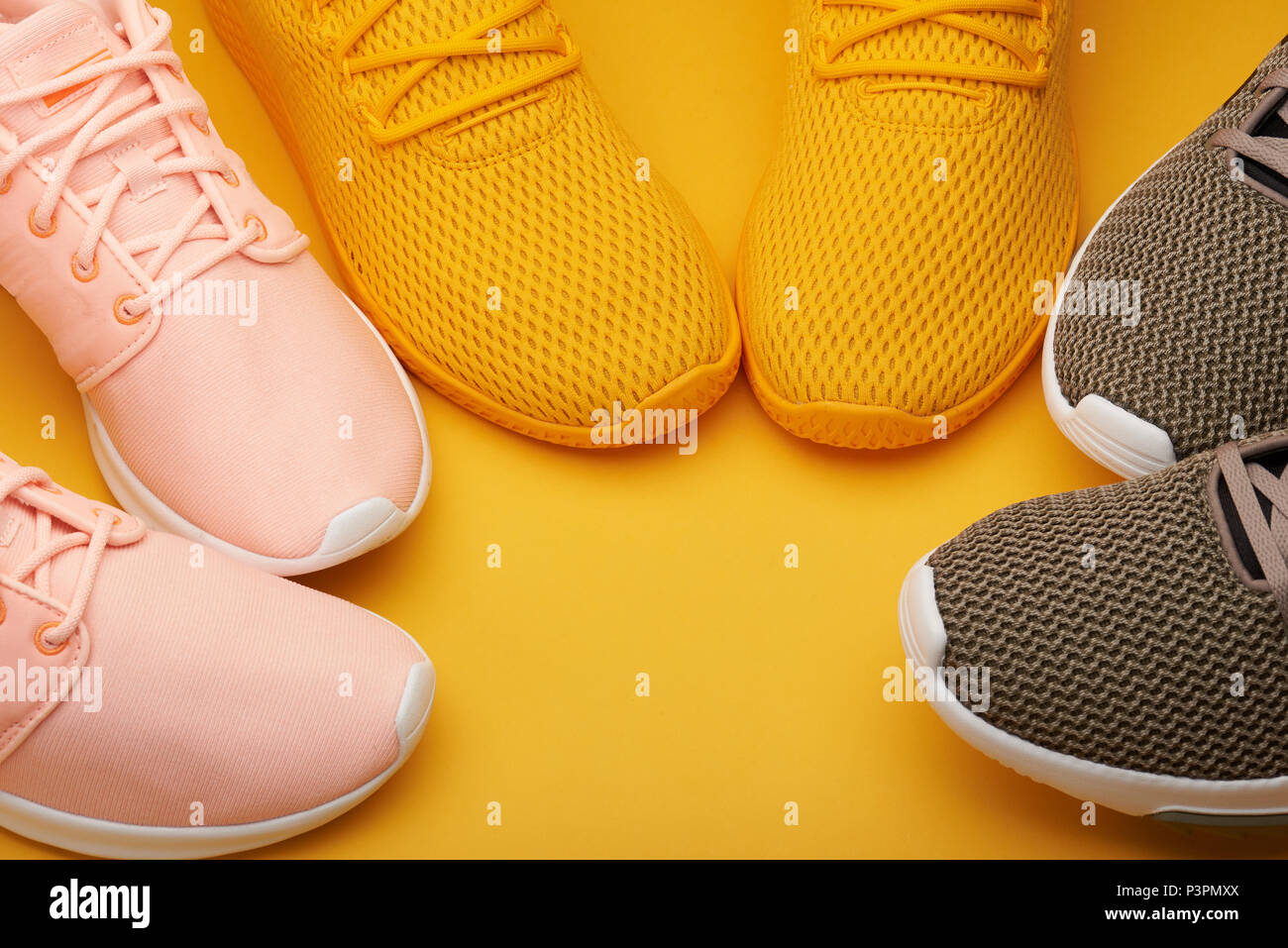 Running shoes theme. Flay lay of colorful sport shoes Stock Photo - Alamy