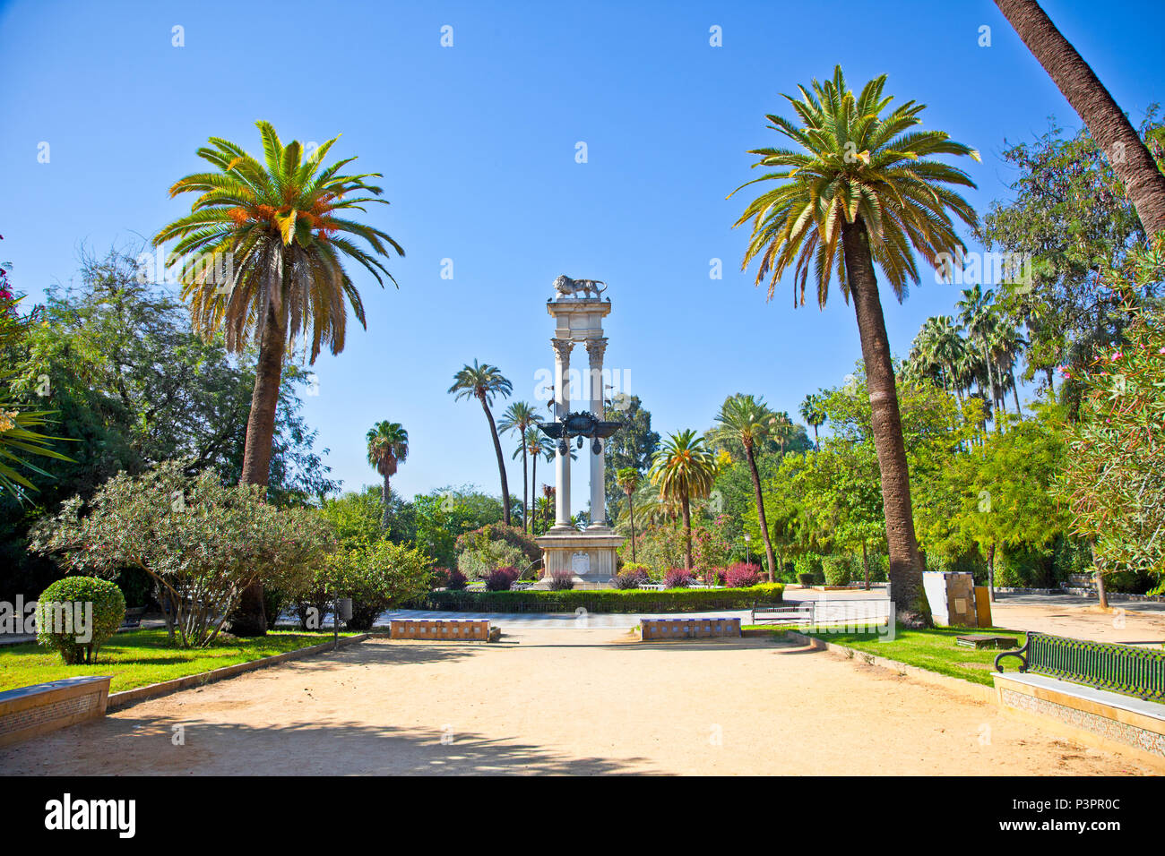 Columbus Monument in beautiful park in Seville, Andalusia, Spain Stock ...