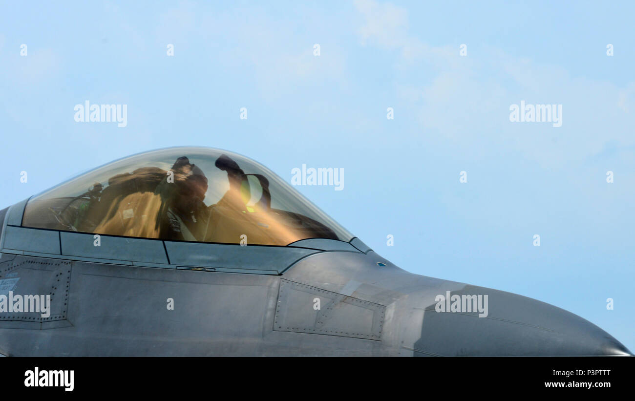 A U.S. Air Force F-22 Raptor pilot from the 1st Fighter Wing taxis on ...